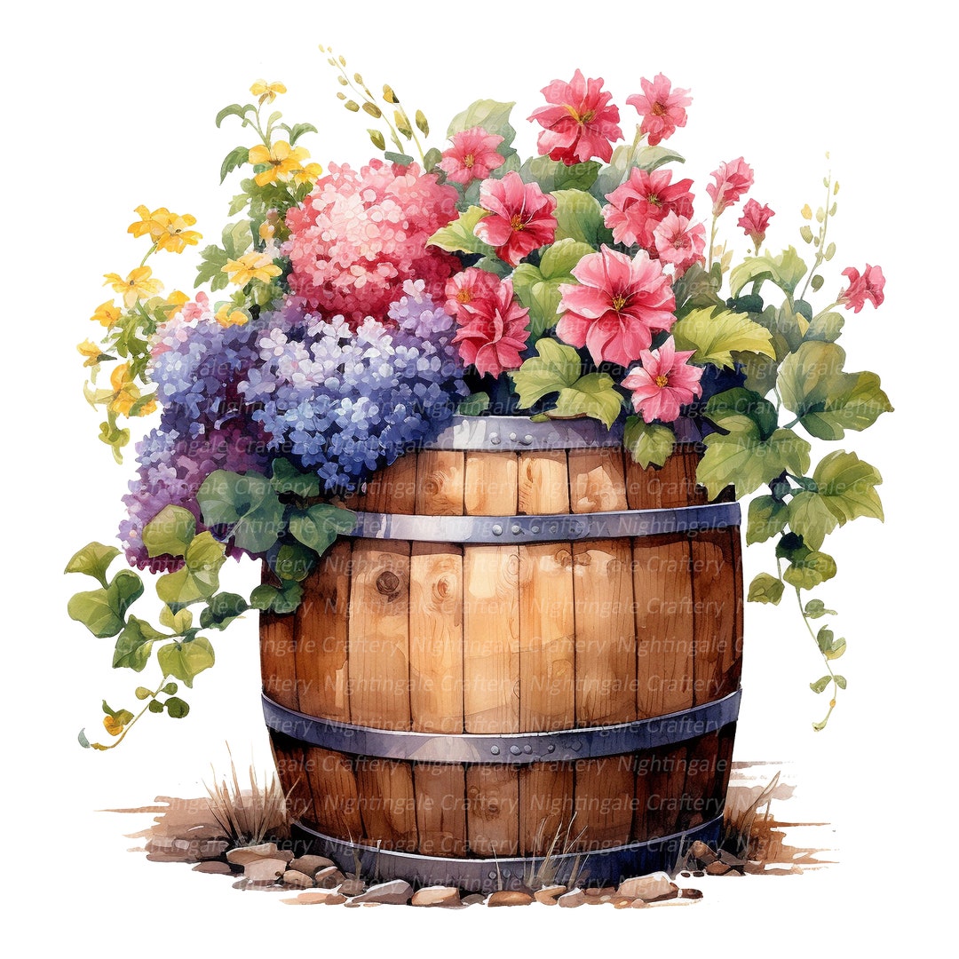 14 Floral Wooden Barrel Clipart, Floral Barrel, Printable Watercolor ...