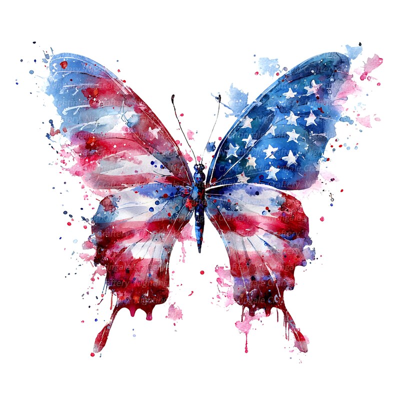 10 Patriotic Butterfly, USA Flag Clipart, Printable Watercolor Clipart ...