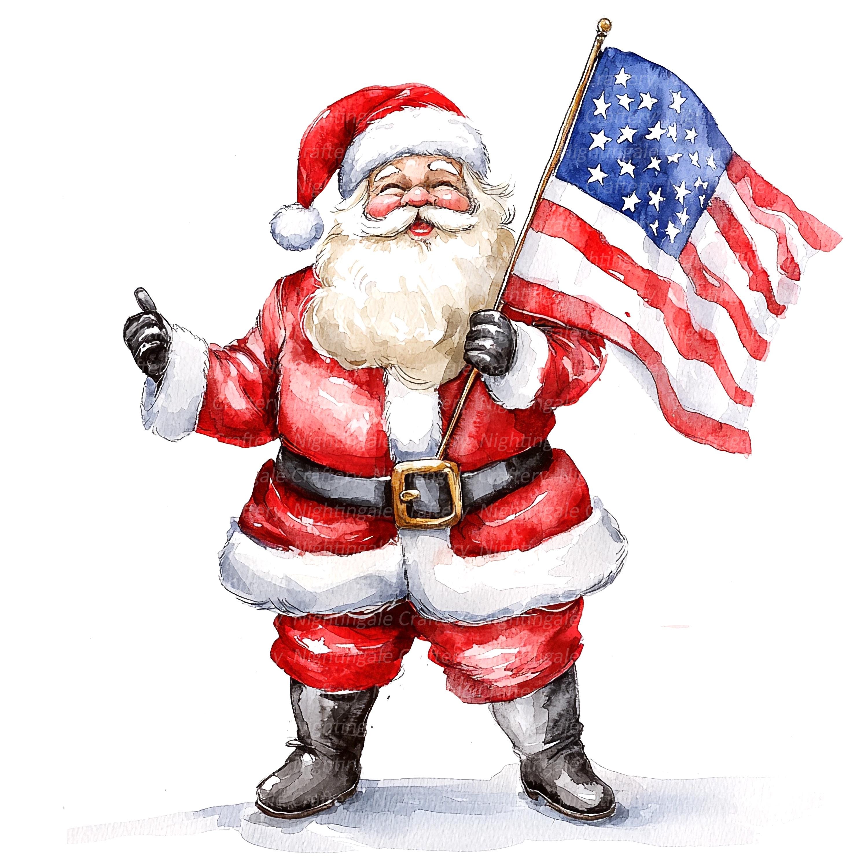 13 Patriotic Santa Claus Clipart, USA Flag, Printable Watercolor ...