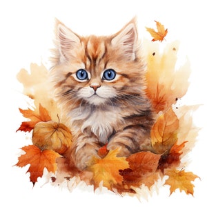 10 Kitten Autumn Clipart, Cat Clipart, Printable Watercolor Clipart ...
