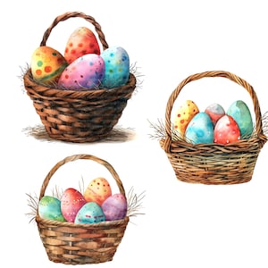 14 Easter Eggs Basket Clipart, Easter Basket, Printable Watercolor ...