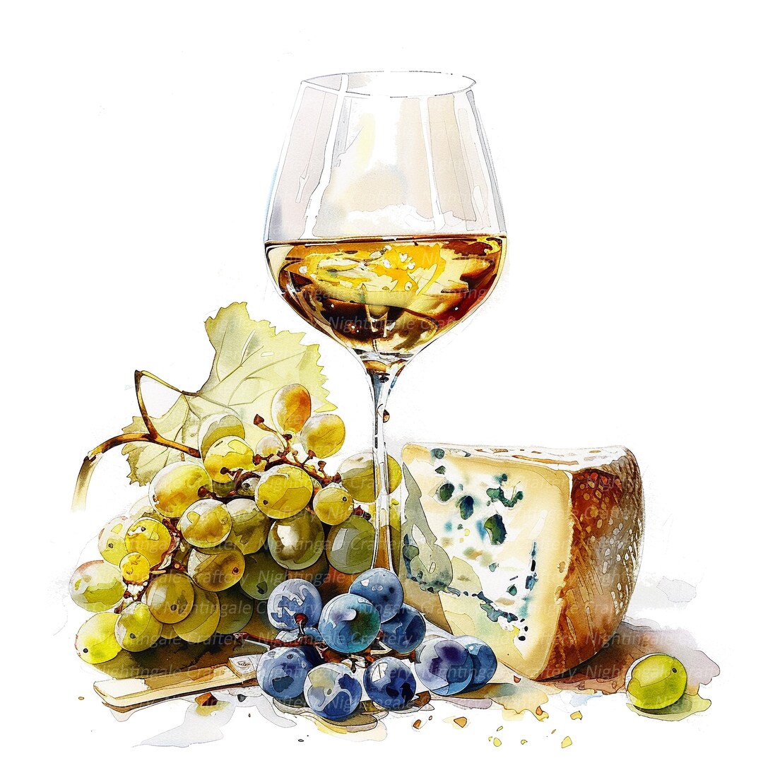 10 Wine and Cheese Clipart, Wine Glass Clipart, Printable Watercolor ...