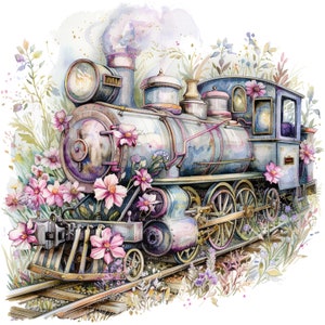 10 Floral Train Clipart, Floral Locomotive, Printable Watercolor ...