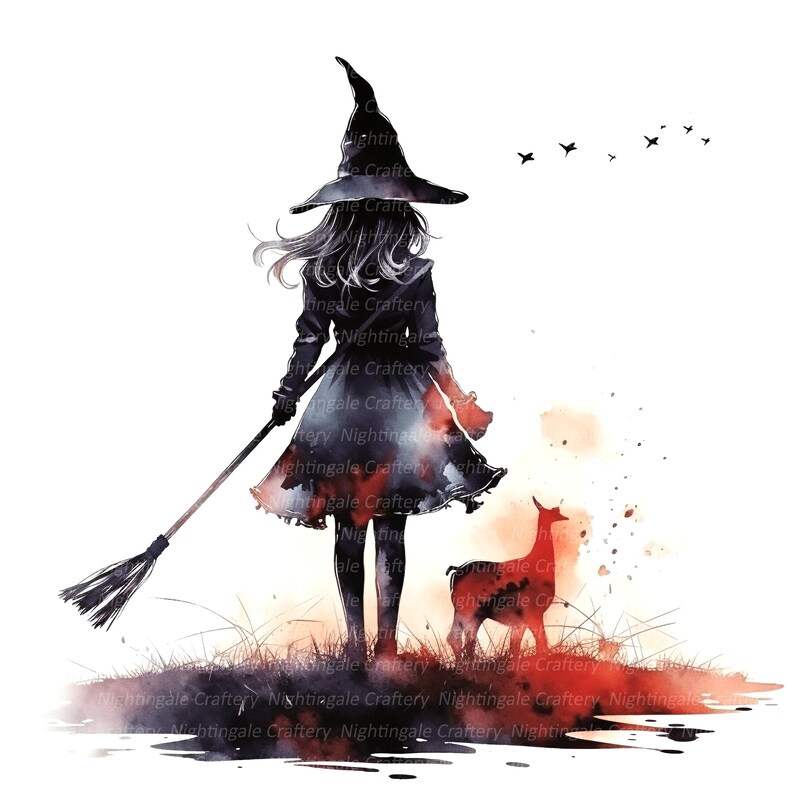 12 Little Witch Clipart, Witch With Broom, Printable Watercolor Clipart ...