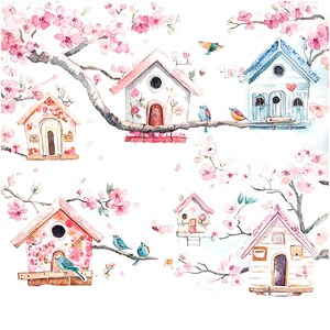 11 Spring Birdhouses Clipart, Birds Clipart, Printable Watercolor ...