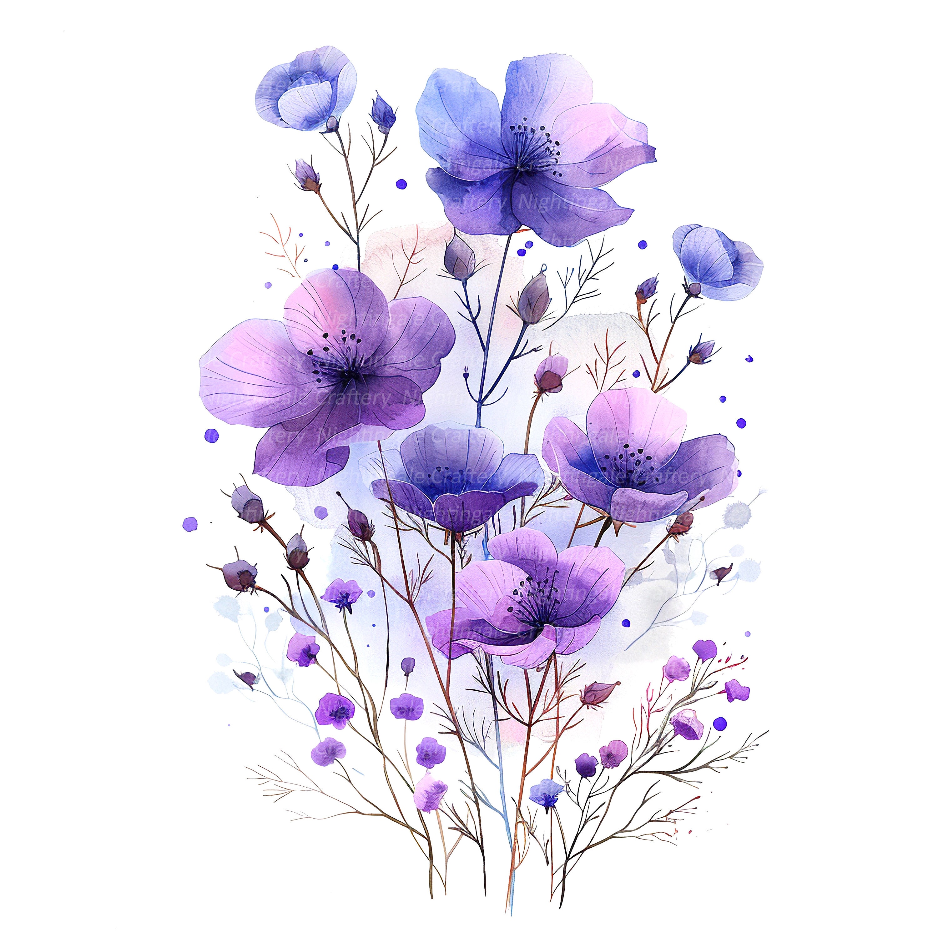9 Purple Flowers Clipart, Purple Floral Print, Printable Watercolor ...