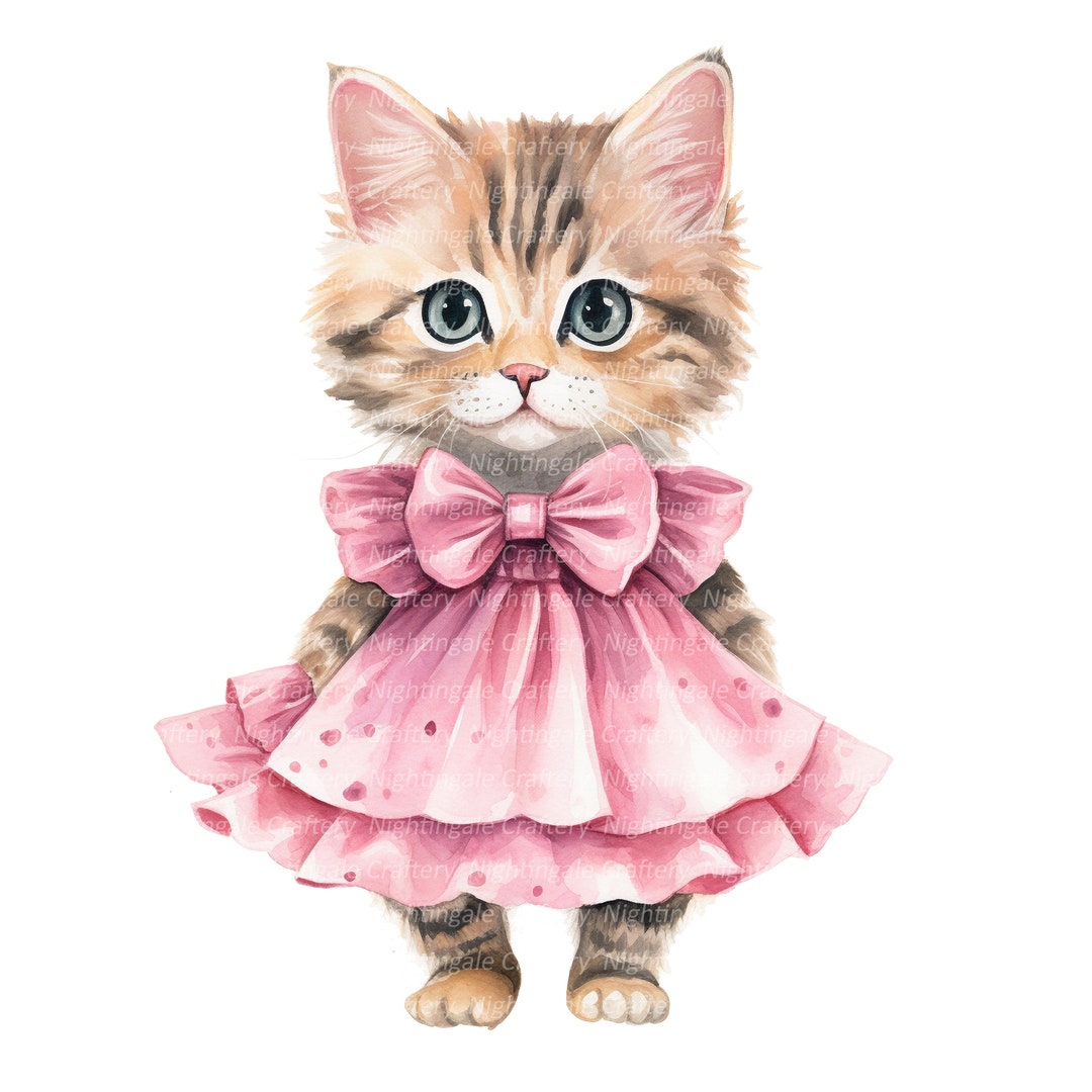Cute Kitten in Pink Dress Clipart, Printable Watercolor Clipart, 10 ...