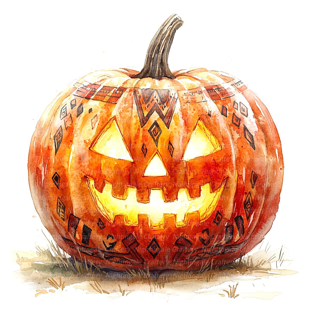 12 Halloween Pumpkin Clipart, Tribal Pumpkin, Printable Watercolor ...