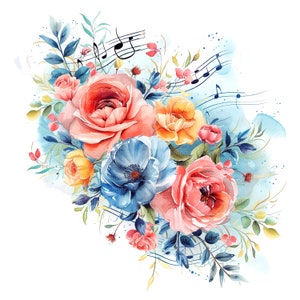 12 Floral Music Notes Clipart, Music Clipart, Printable Watercolor ...