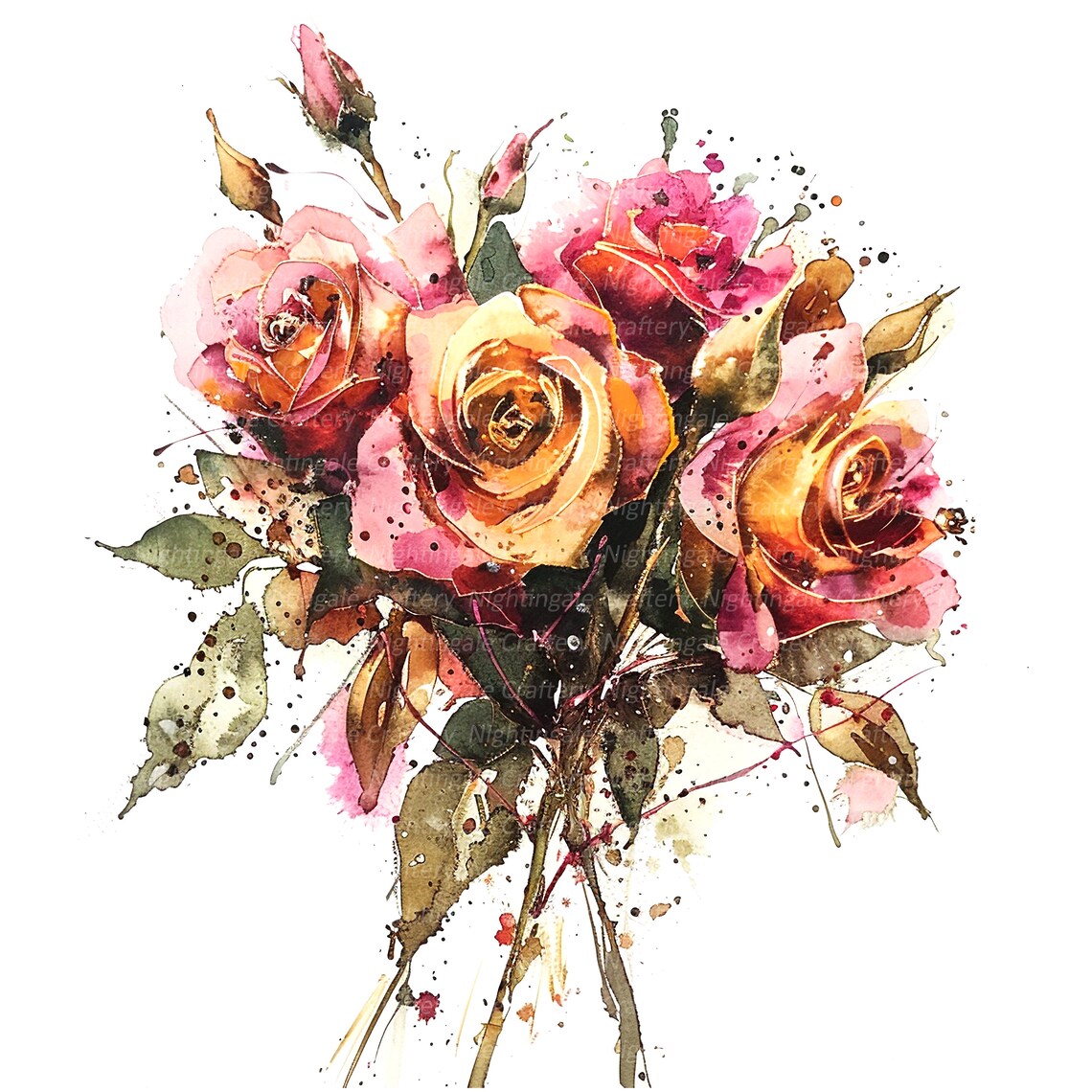 11 Roses Bouquet Clipart Set 2, Roses Print, Printable Watercolor ...