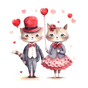 8 Cat Couple Clipart, Romantic Cats Clipart, Printable Watercolor ...