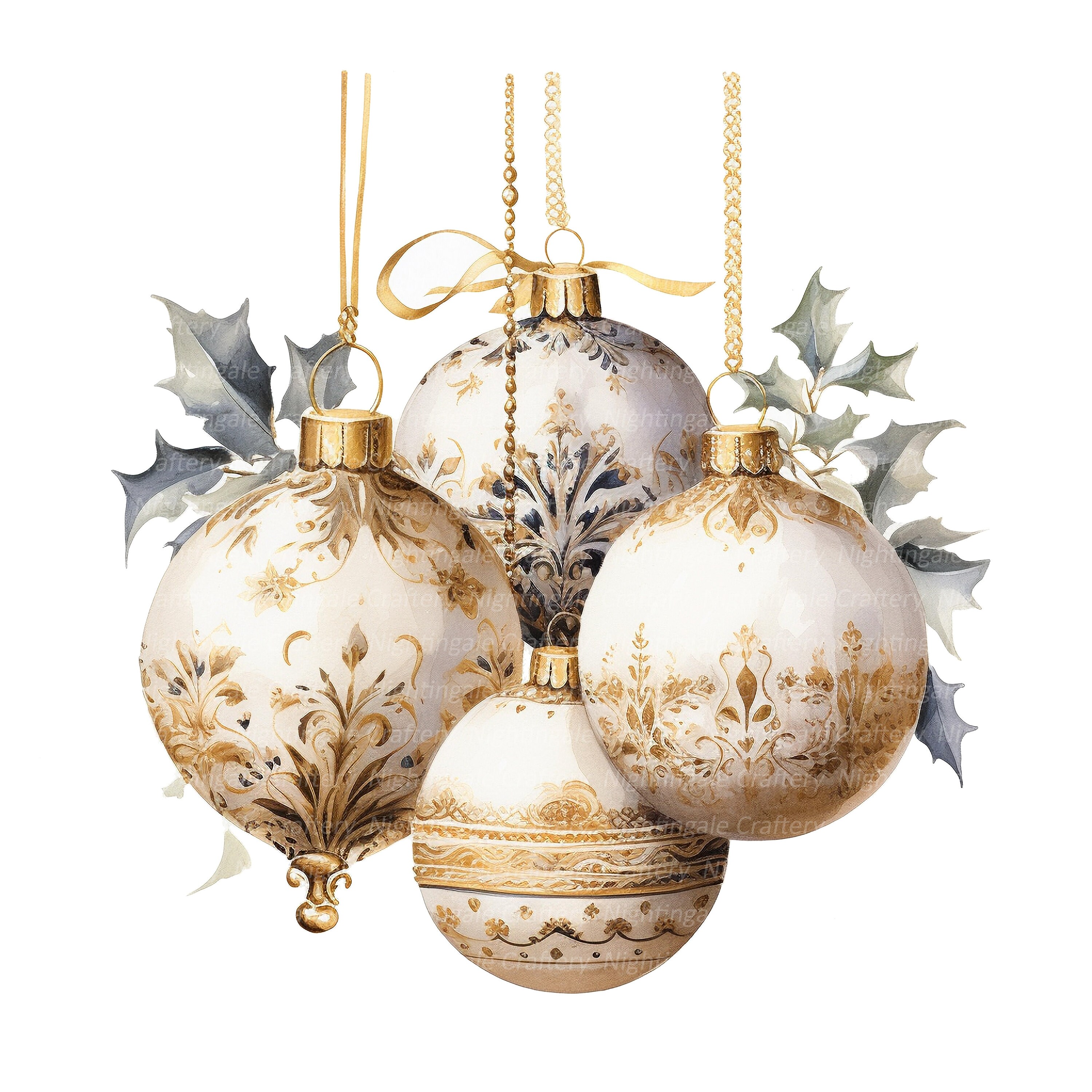 10 Golden Baubles Clipart, Christmas Bauble, Printable Watercolor ...