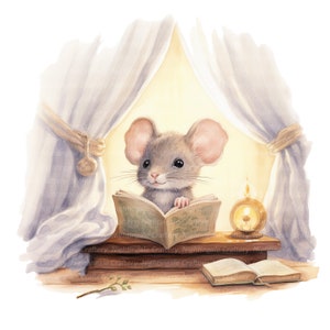 12 Mouse Reading Book Clipart, Mouse Bedroom, Printable Watercolor ...