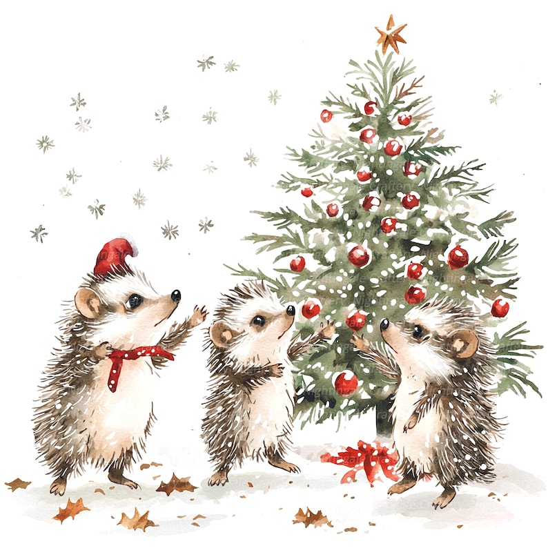 9 Hedgehog Christmas Clipart, Christmas Card, Printable Watercolor ...