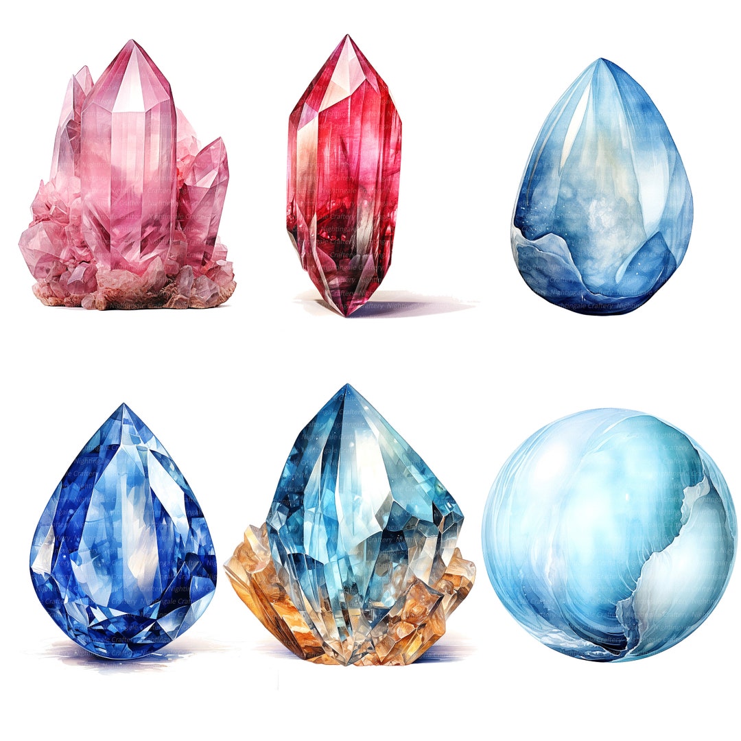 22 Crystals Gemstones Clipart, Gemstone Bundle, Printable Watercolor ...