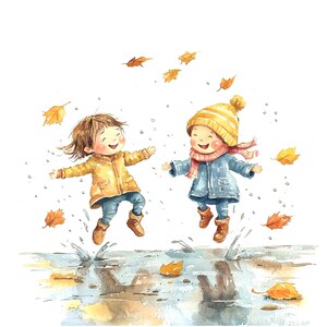 9 Kids in Autumn Clipart, Rain Puddles Clipart, Printable Watercolor ...