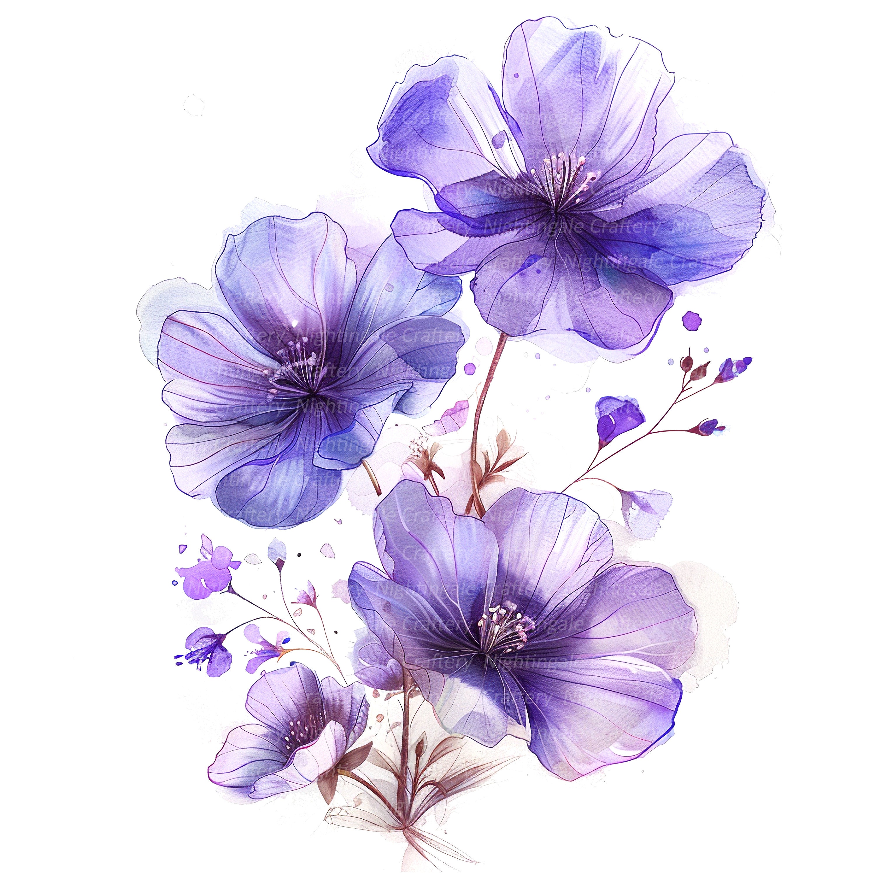 9 Purple Flowers Clipart, Purple Floral Print, Printable Watercolor ...