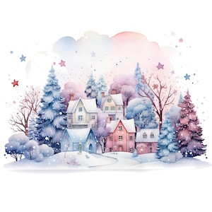 9 Christmas Card Clipart, Winter Houses Card, Printable Watercolor ...
