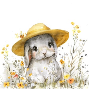 10 Cute Bunny With Hat Clipart, Spring Bunny, Printable Watercolor ...