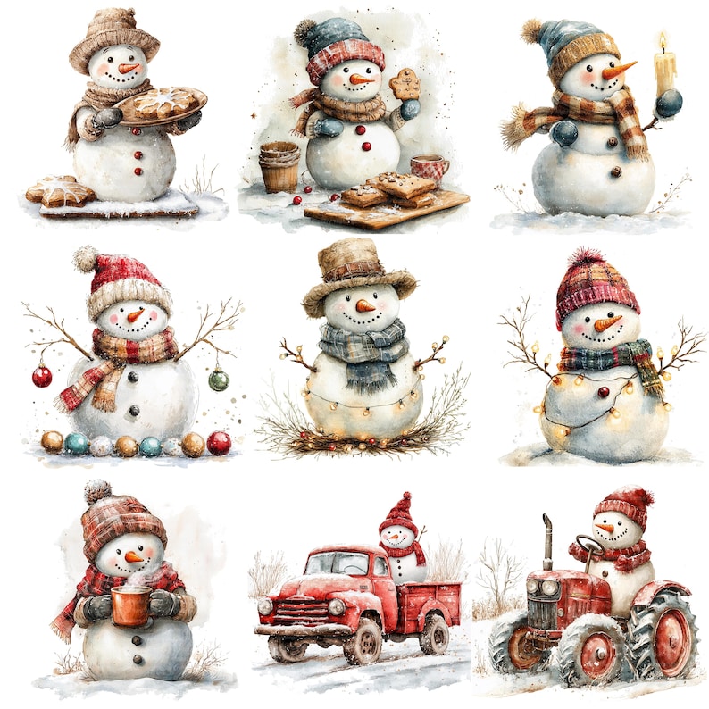 40 Various Snowmen Set Clipart, Christmas Bundle, Printable Watercolor ...