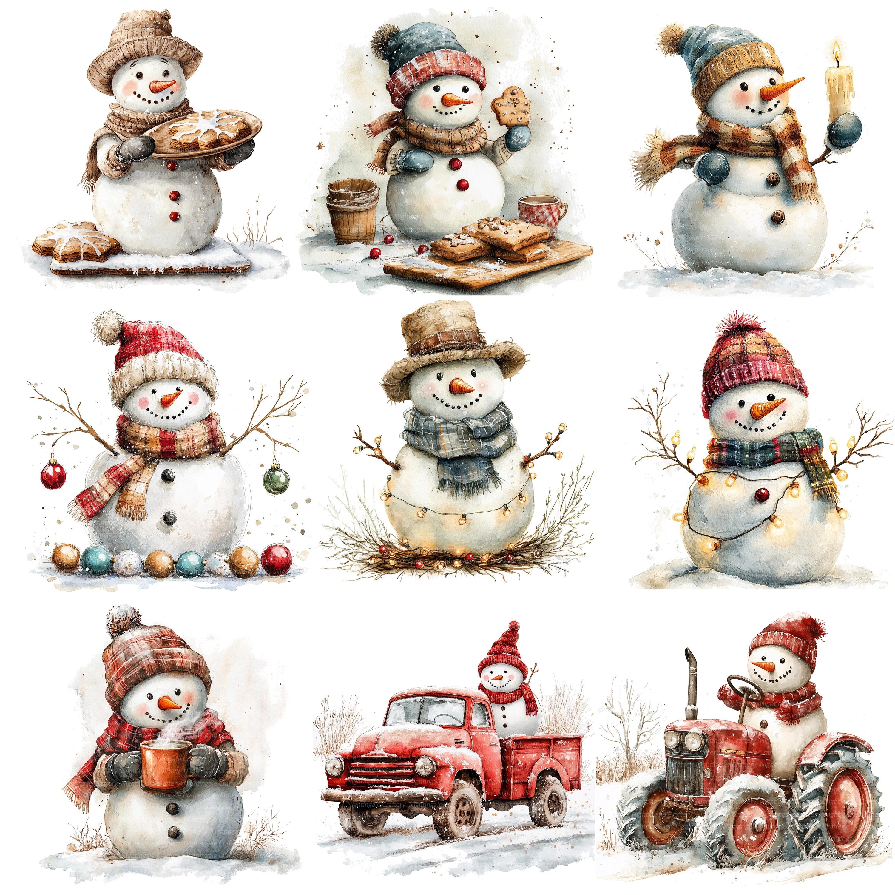 40 Various Snowmen Set Clipart, Christmas Bundle, Printable Watercolor ...