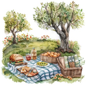 11 Spring Picnic Clipart, Picnic in Park, Printable Watercolor Clipart ...