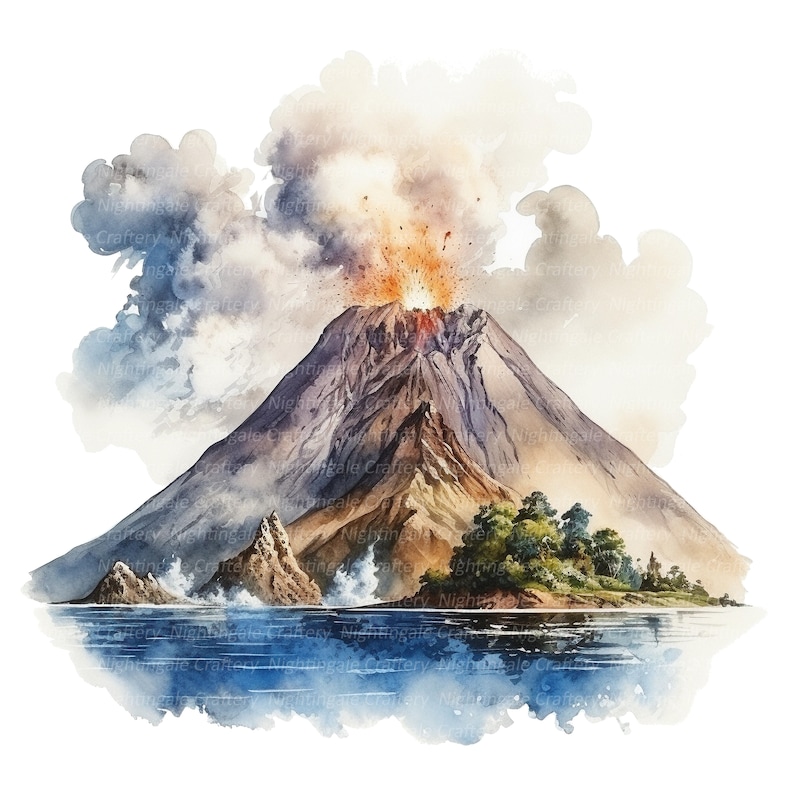 12 Erupting Volcano Landscape Clipart, Printable Watercolor Clipart ...