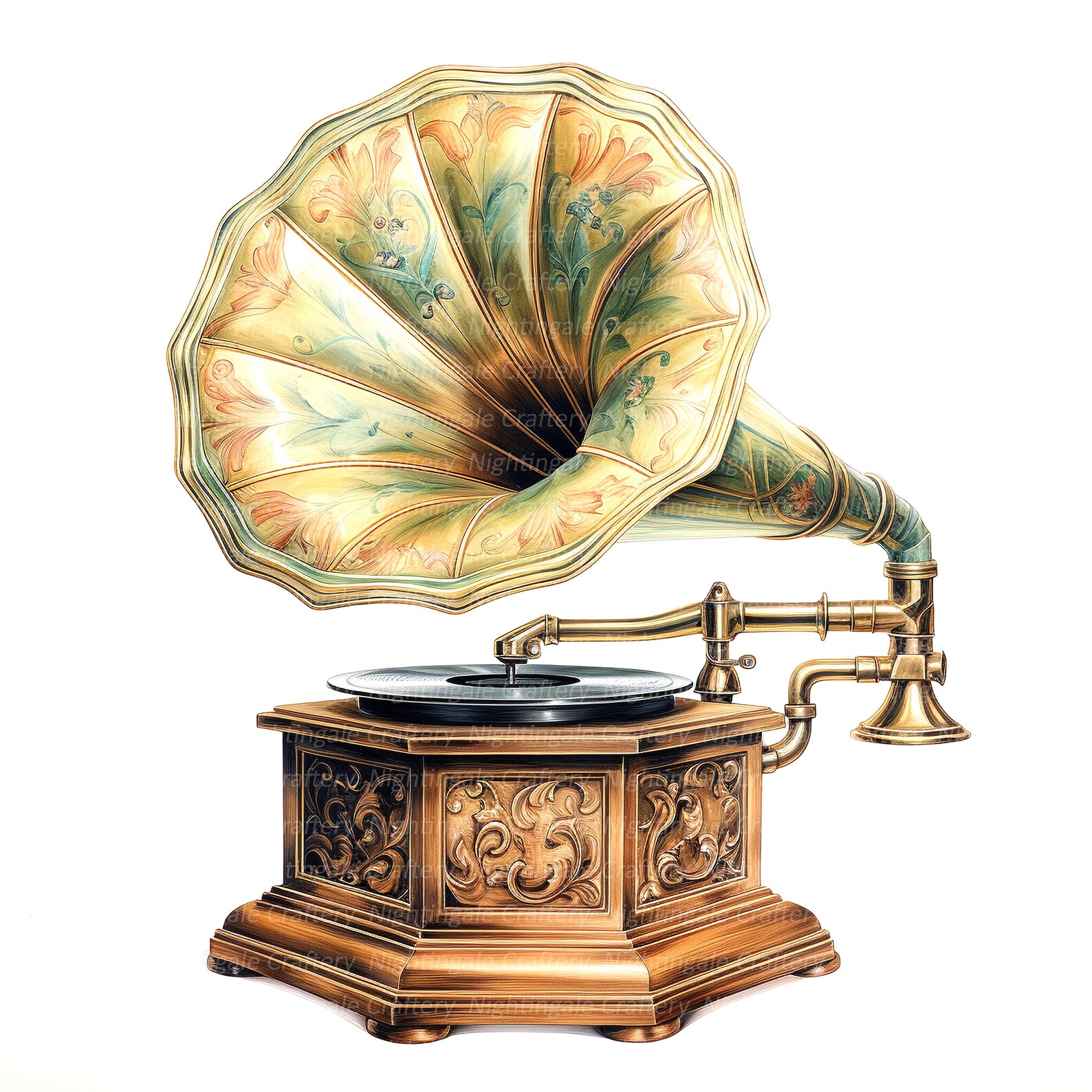 8 Vintage Gramophone Clipart, Phonograph, Printable Watercolor Clipart ...