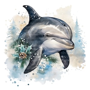 12 Christmas Dolphin Clipart, Christmas Card, Printable Watercolor ...