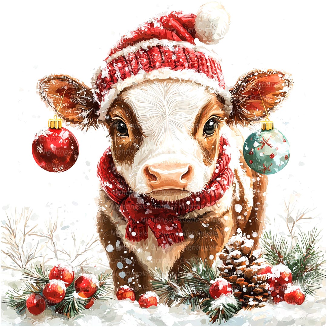 10 Christmas Cow Clipart, Christmas Card, Printable Watercolor Clipart ...
