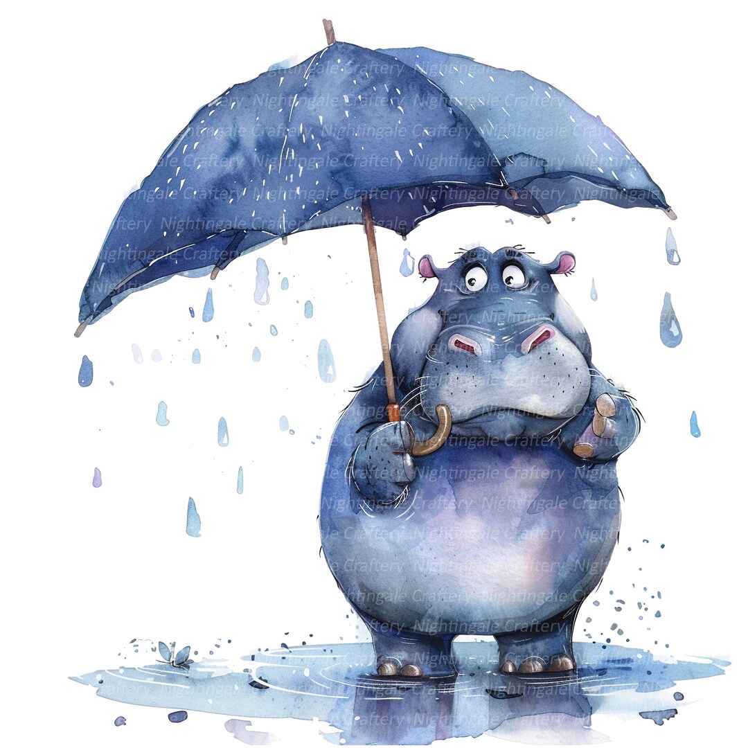 8 Cartoon Hippo Clipart, Hippo and Umbrella, Printable Watercolor ...