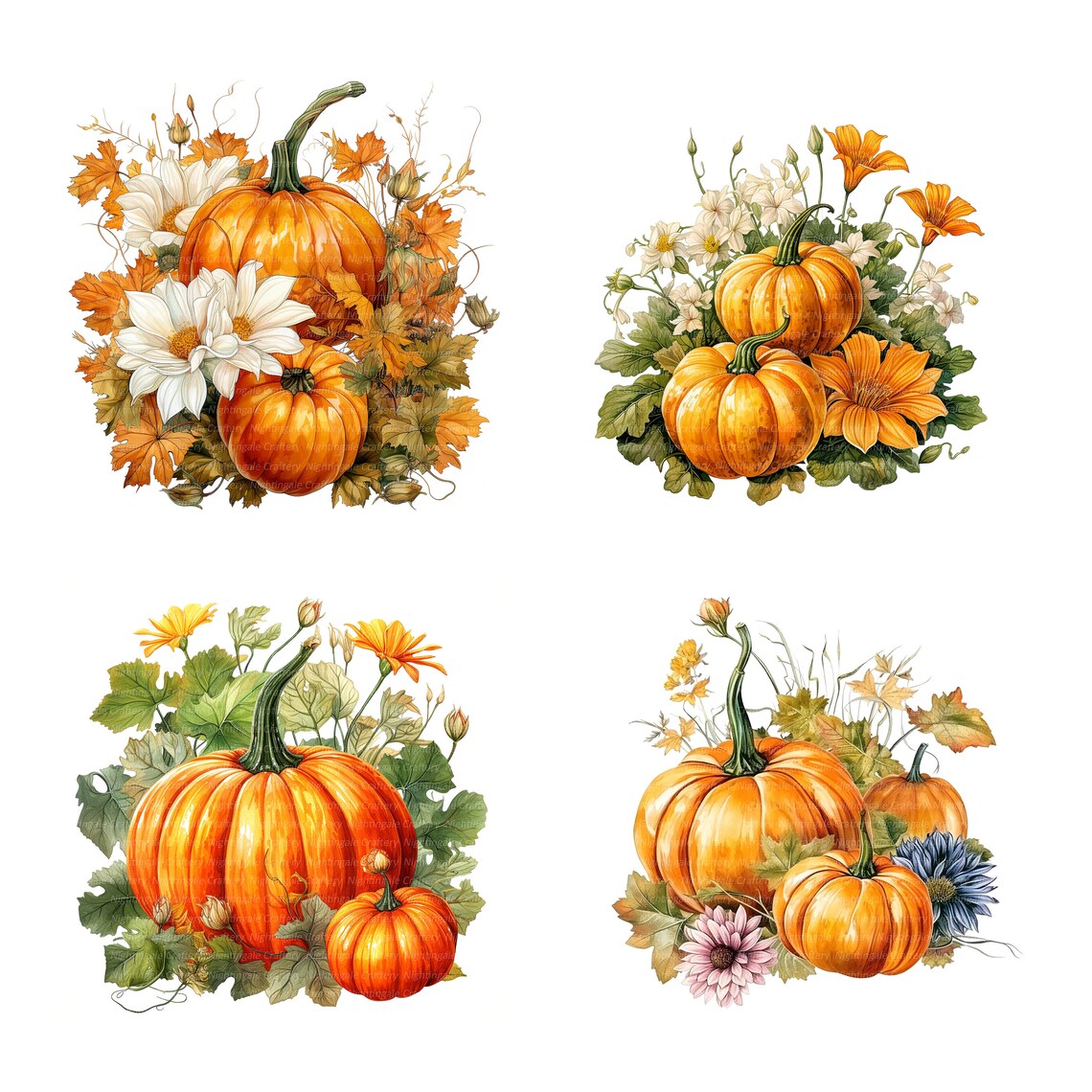20 Pumpkin Clipart, Various Pumpkins, Printable Watercolor Clipart, 20 ...