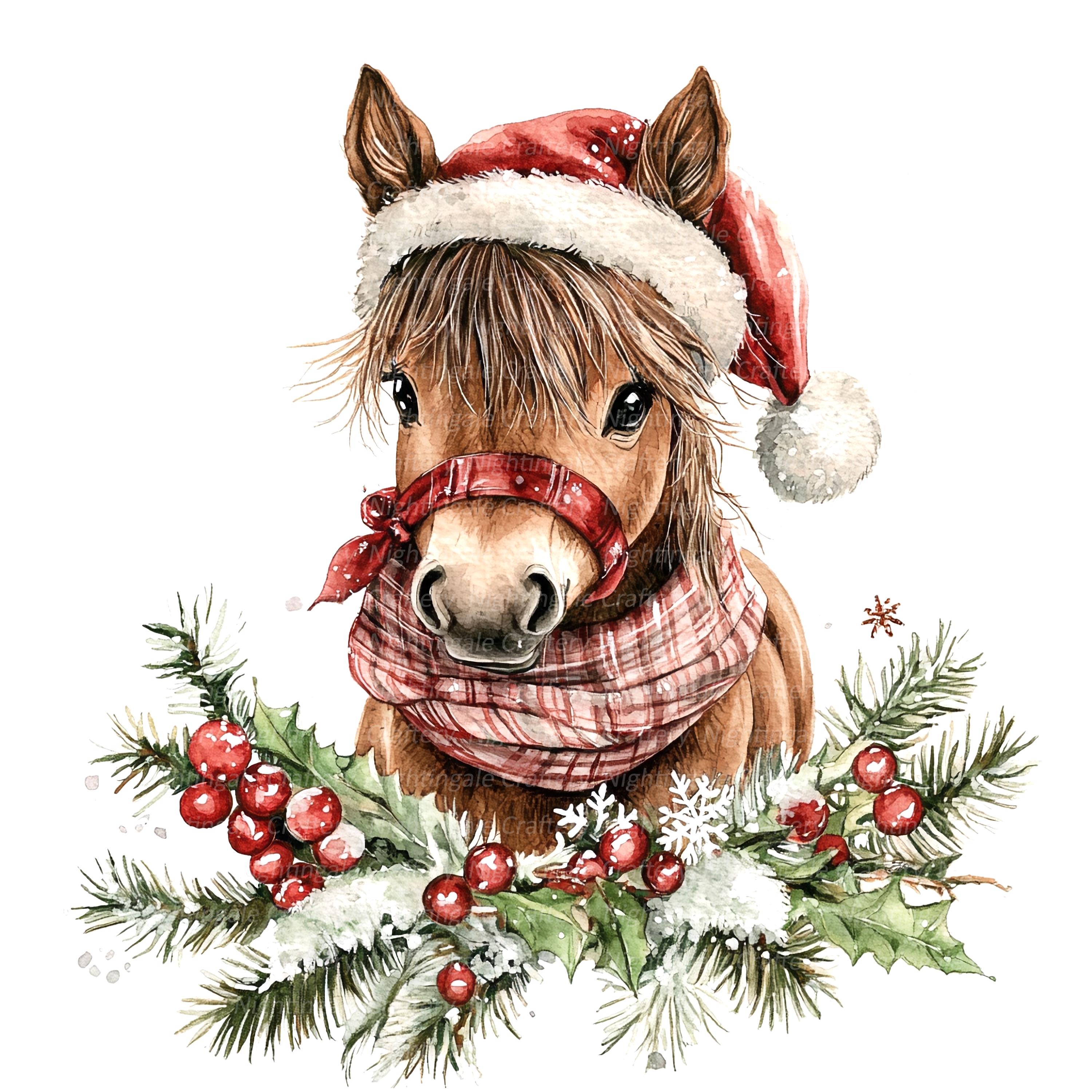 10 Christmas Pony Clipart, Christmas Card, Printable Watercolor Clipart ...