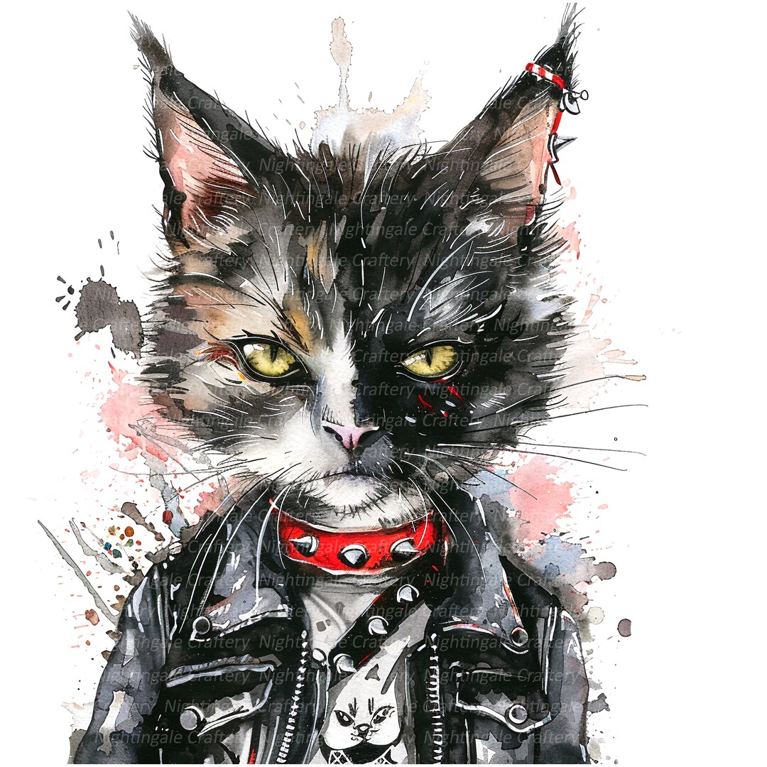 10 Cat Punk Clipart, Rock Clipart, Printable Watercolor Clipart, 10 ...