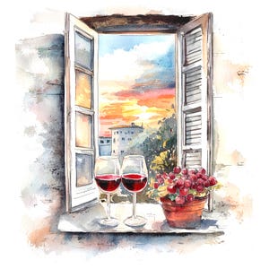 14 Wine Glass Clipart, Window and Vines, Italy, Printable Watercolor ...