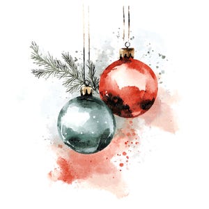 10 Christmas Card Clipart, Red Blue Baubles, Printable Watercolor ...