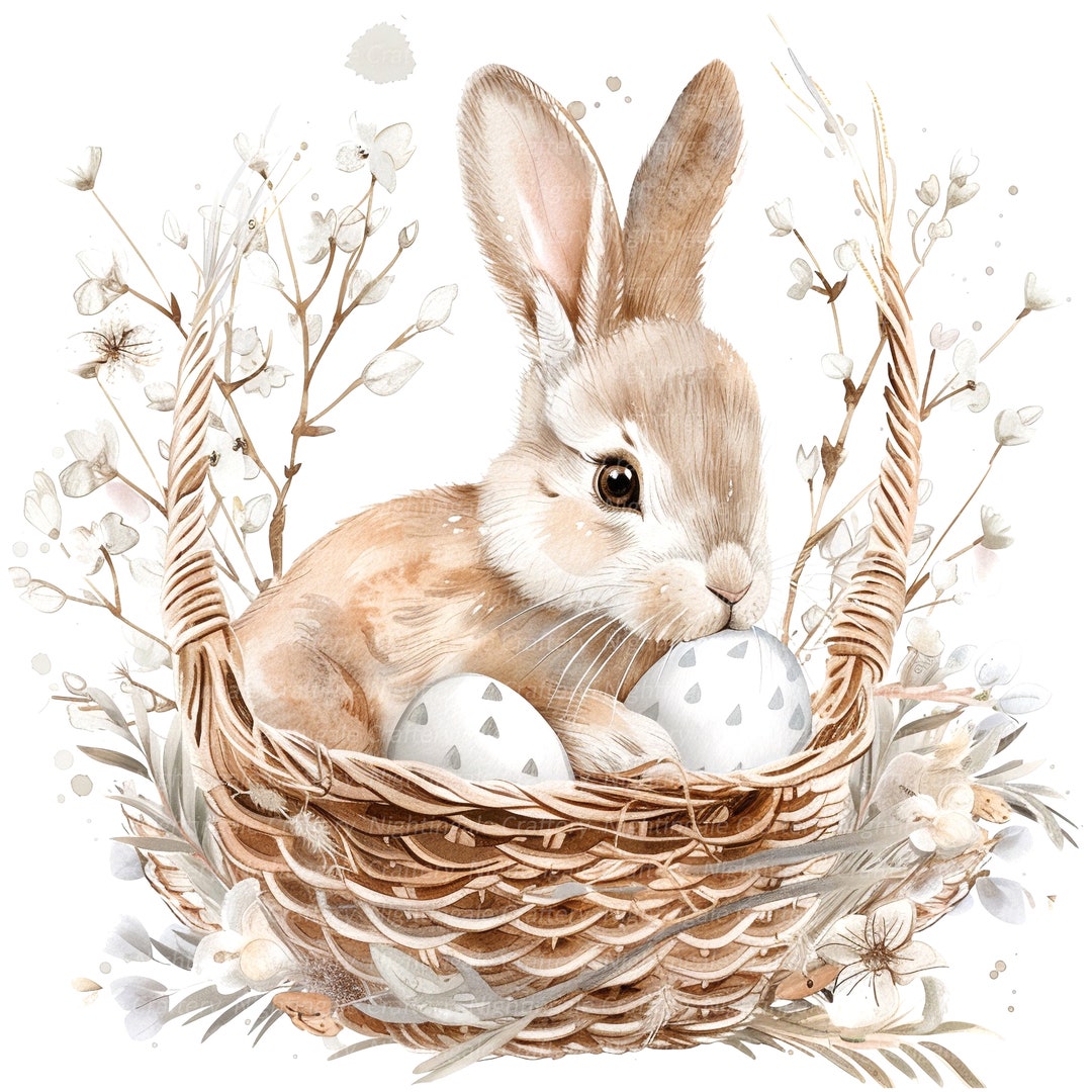 10 Easter Bunny Basket Clipart 2, Easter Clipart, Printable Watercolor ...