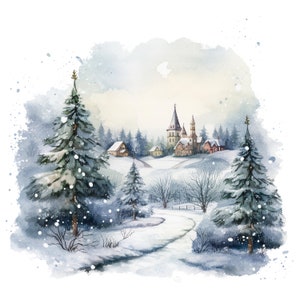 10 Christmas Card Clipart, Winter Landscape, Printable Watercolor ...
