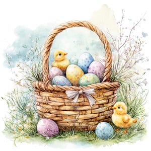 11 Easter Basket Clipart, Easter Chicks Clipart, Printable Watercolor ...