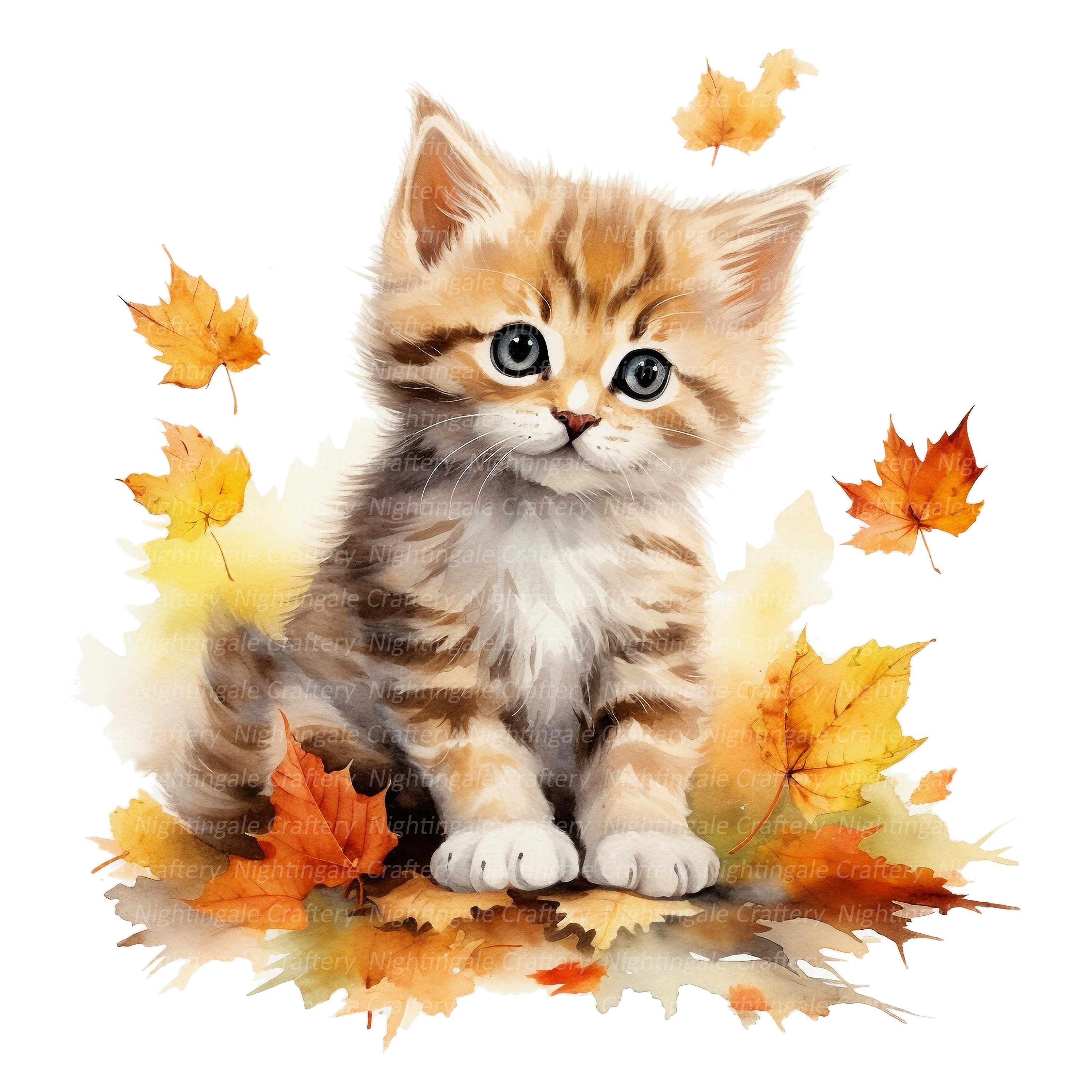 10 Kitten Autumn Clipart Cat Clipart Printable Watercolor - Etsy