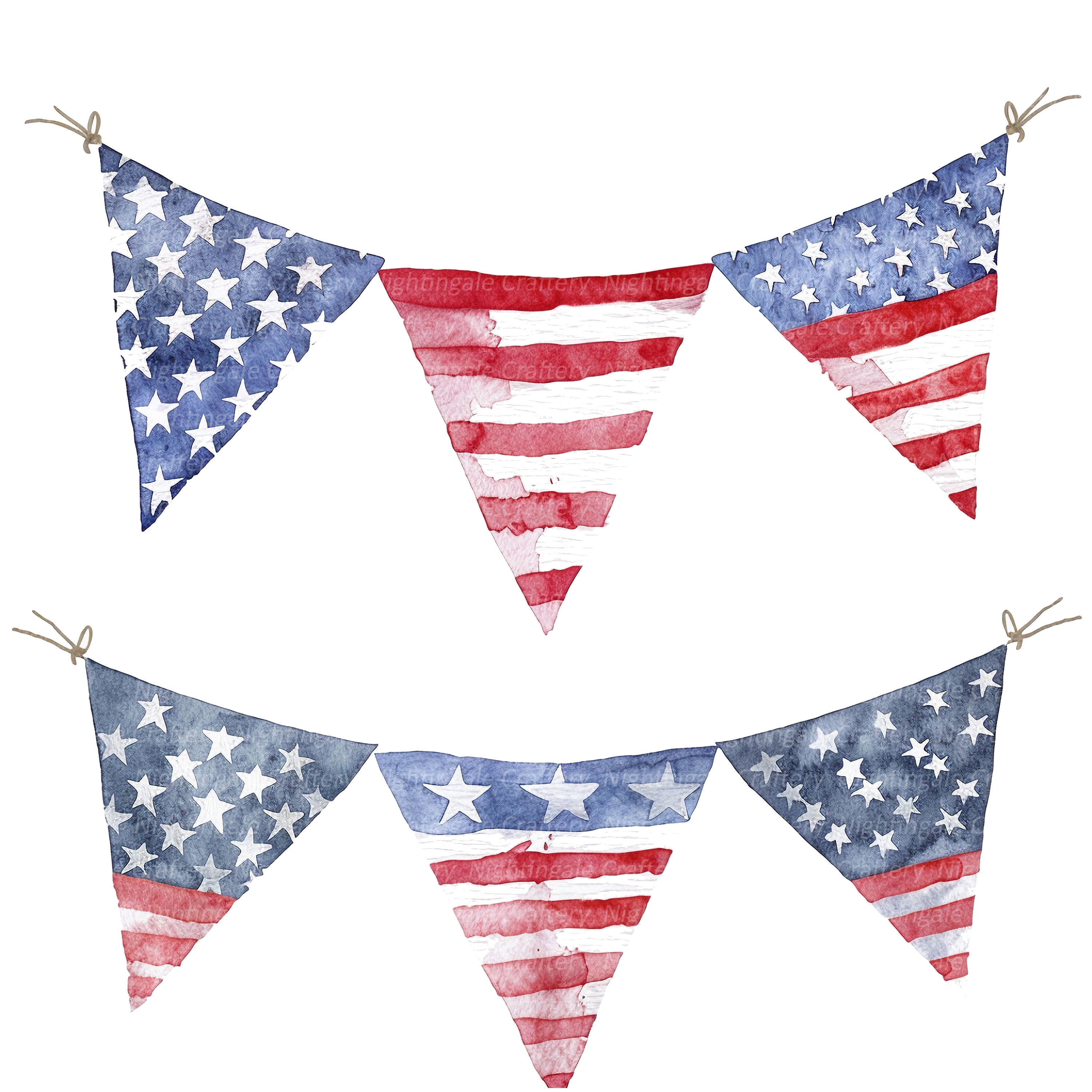 10 USA Flag Clipart, Patriotic Bunting Clipart, Printable Watercolor ...