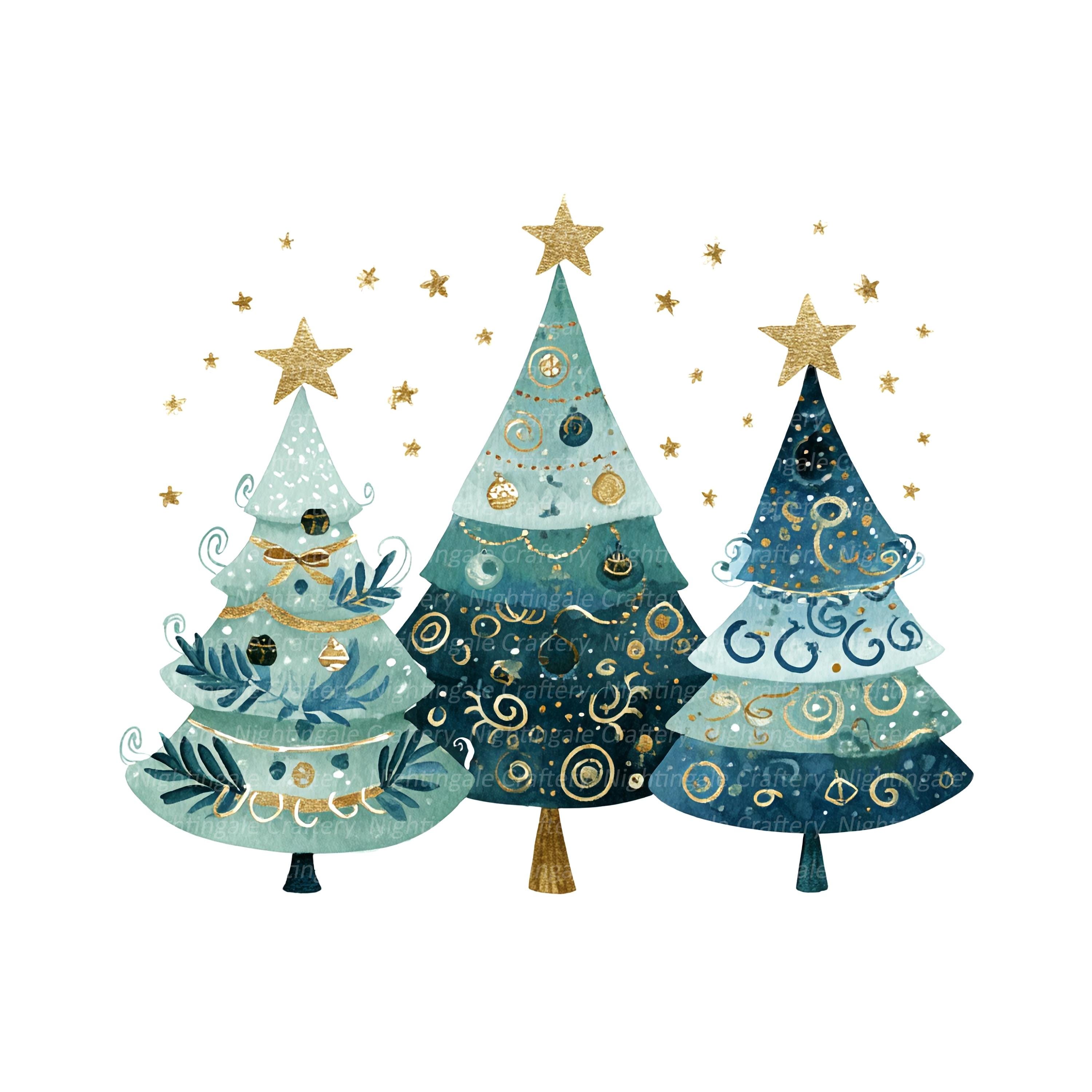 10 Christmas Trees Clipart, Christmas Card, Printable Watercolor ...