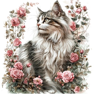 10 Floral Cats, Cats Clipart, Cat in Roses, Printable Watercolor ...