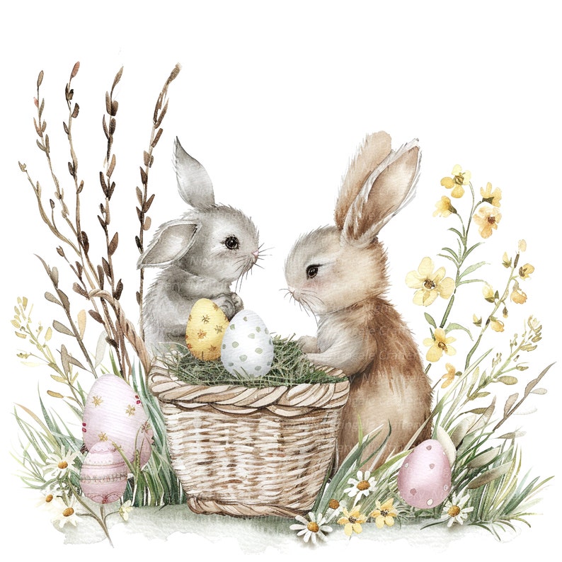 10 Easter Bunny Basket Clipart, Easter Clipart, Printable Watercolor ...