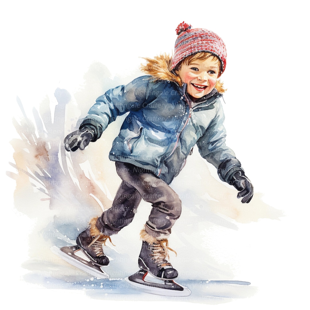 12 Kids Ice Skating Clipart, Kids in Winter, Printable Watercolor ...