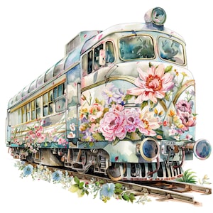 10 Floral Train Clipart, Floral Locomotive, Printable Watercolor ...