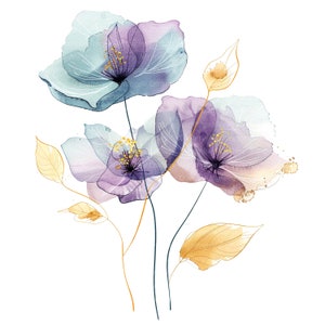 10 Abstract Flowers Clipart, Purple Flowers, Printable Watercolor ...