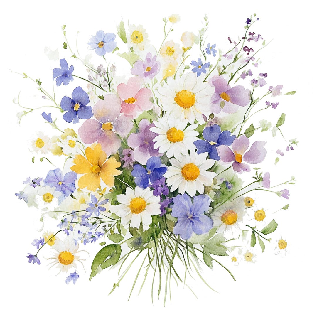 10 Spring Flowers Bouquet Clipart, Daisies Print, Printable Watercolor ...