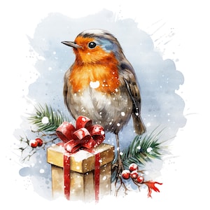 10 Christmas Robin and Gifts, Printable Watercolor Clipart, High ...