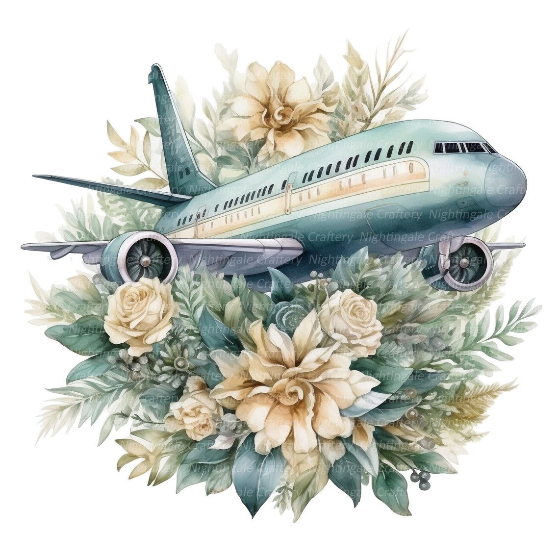 10 Floral Plane Clipart, Vintage Plane, Printable Watercolor Clipart ...